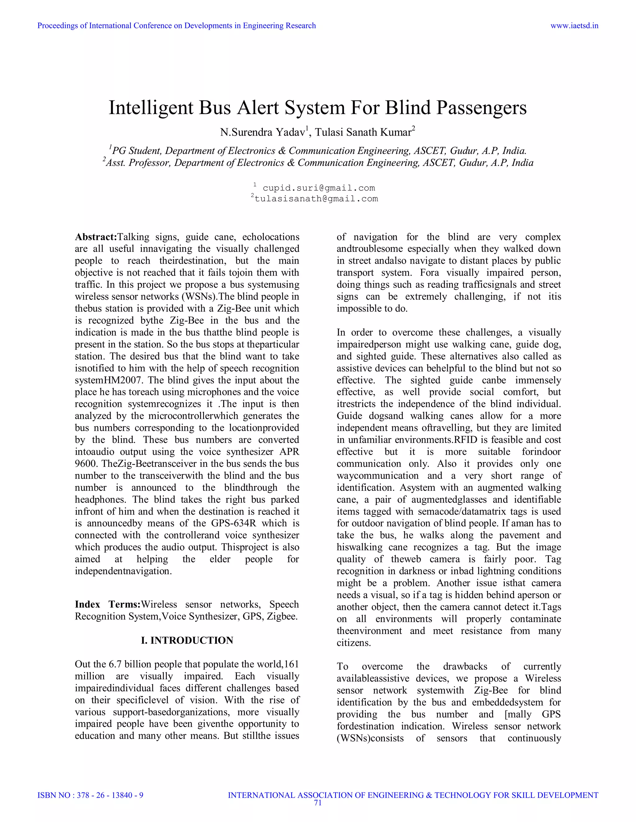 Iaetsd intelligent bus alert system for blind passengers | PDF