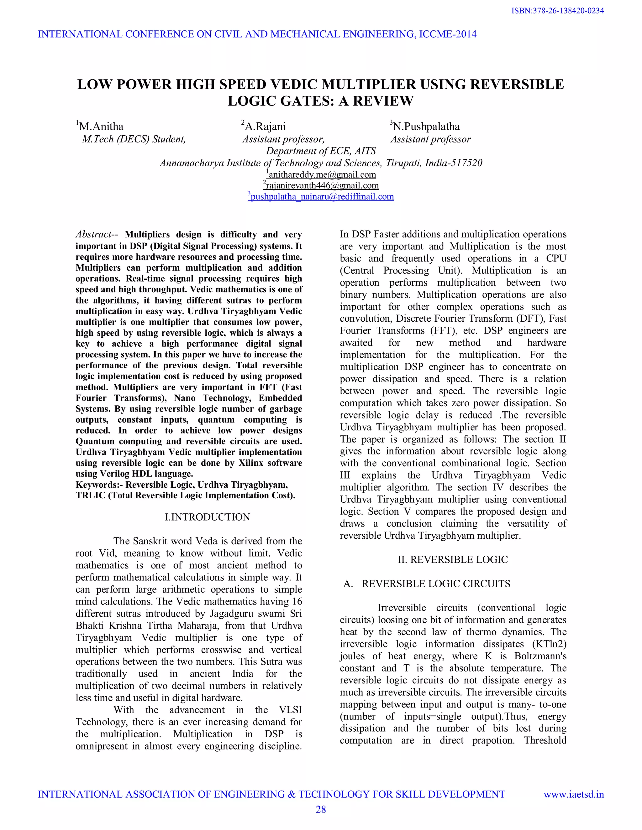 Iaetsd low power high speed vedic multiplier using reversible | PDF | Programming Languages ...