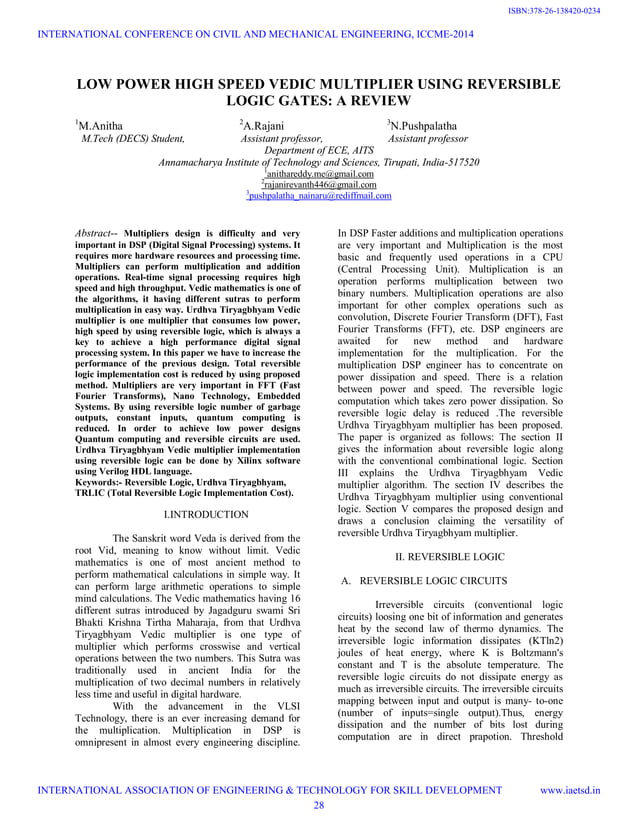 Iaetsd low power high speed vedic multiplier using reversible | PDF | Programming Languages ...