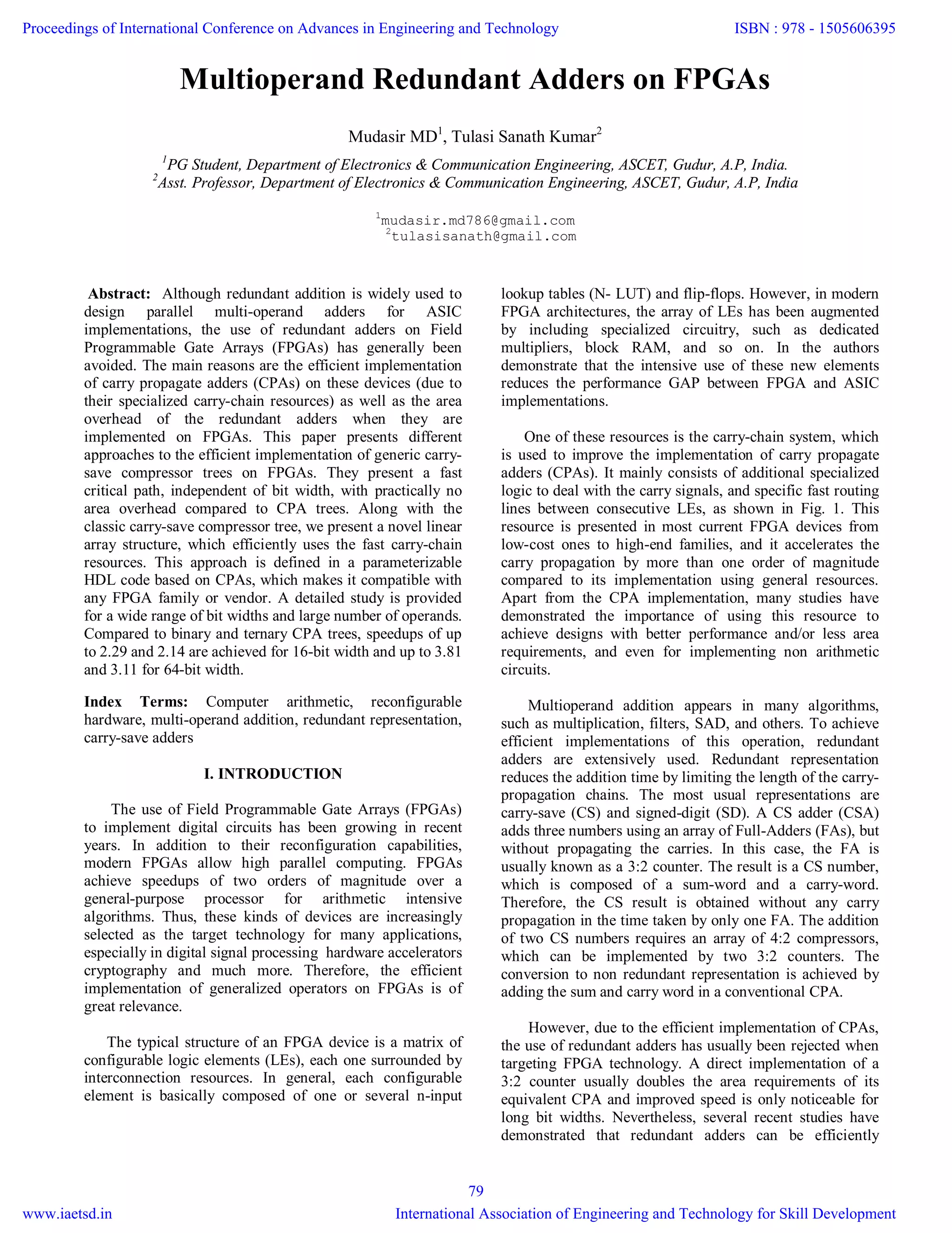 Iaetsd multioperand redundant adders on fpg as | PDF