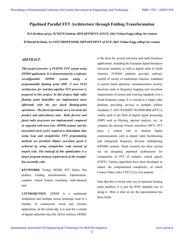 Iaetsd pipelined parallel fft architecture through folding transformation | PDF