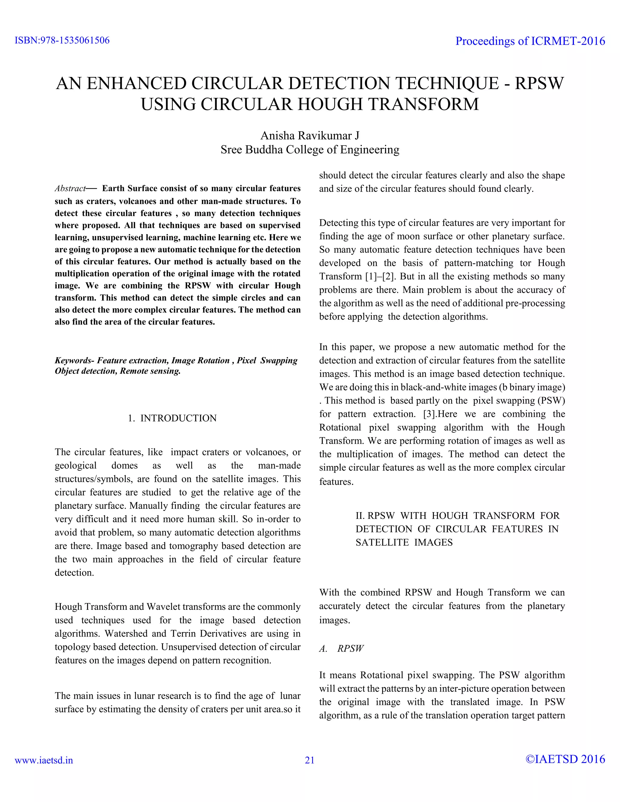 Iaetsd an enhanced circular detection technique rpsw using circular hough transform | PDF