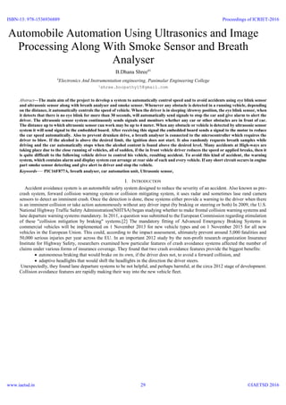 Iaetsd automobile automation using ultrasonics and image processing along with smoke sensor and ...