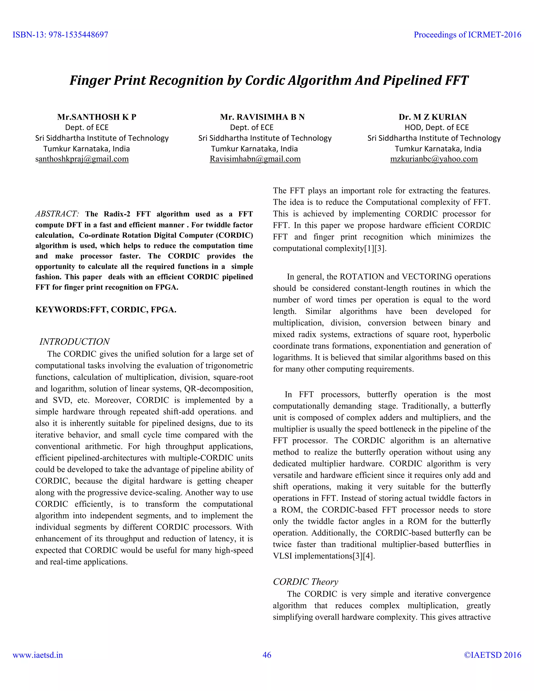 Iaetsd finger print recognition by cordic algorithm and pipelined fft | PDF