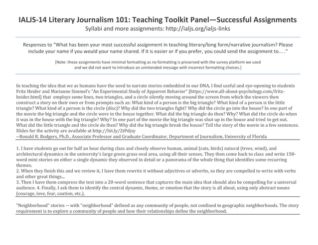 IALJS-14 Literary Journalism 101: Teaching Toolkit Panel—Successful ...