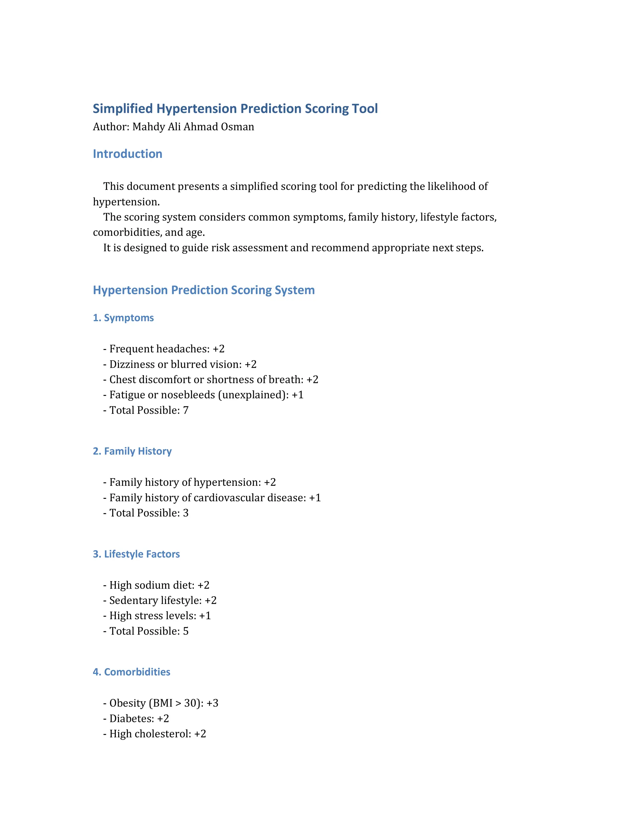Simplified Hypertension Prediction/diagnostic Scoring Tool | PDF