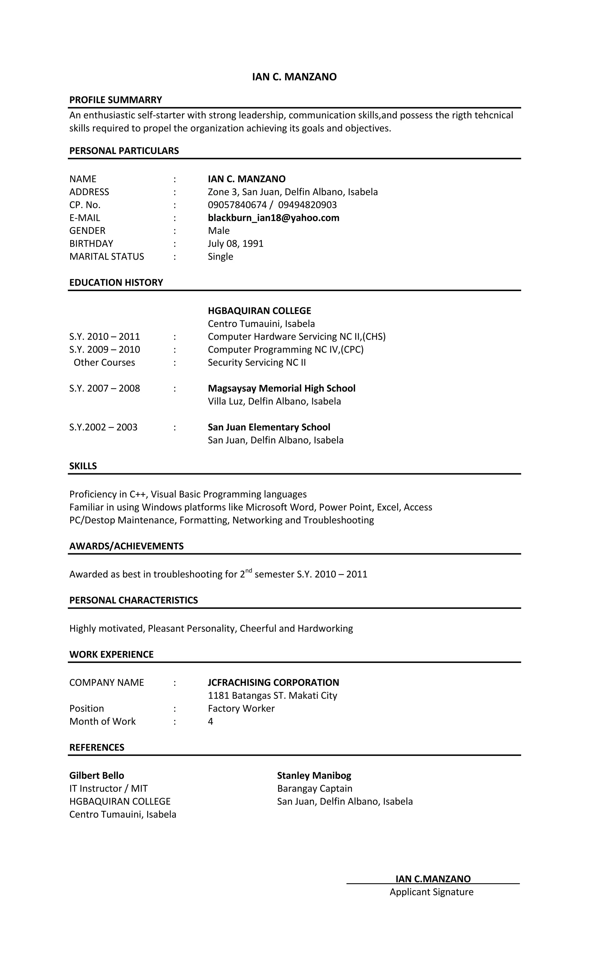 Ian mazano - resume | DOCX | Computing | Technology & Computing