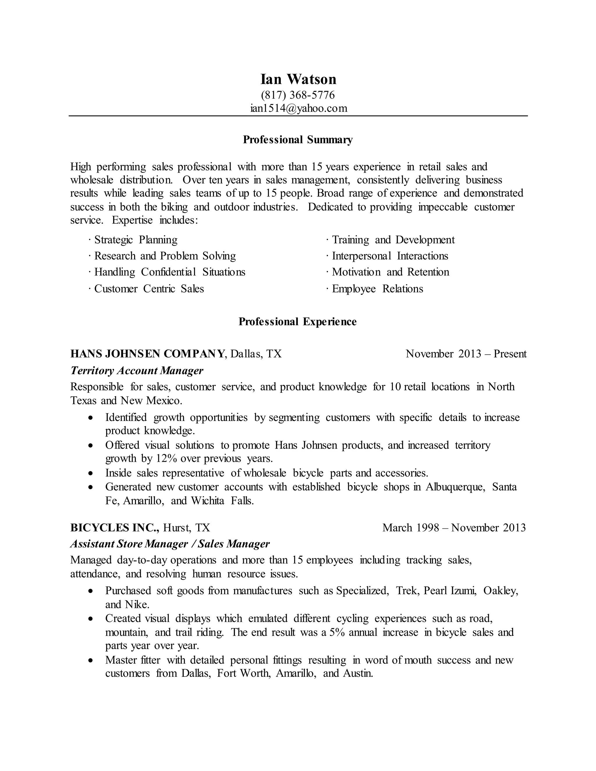 Ian Watson Resume | DOCX | Sales | Business