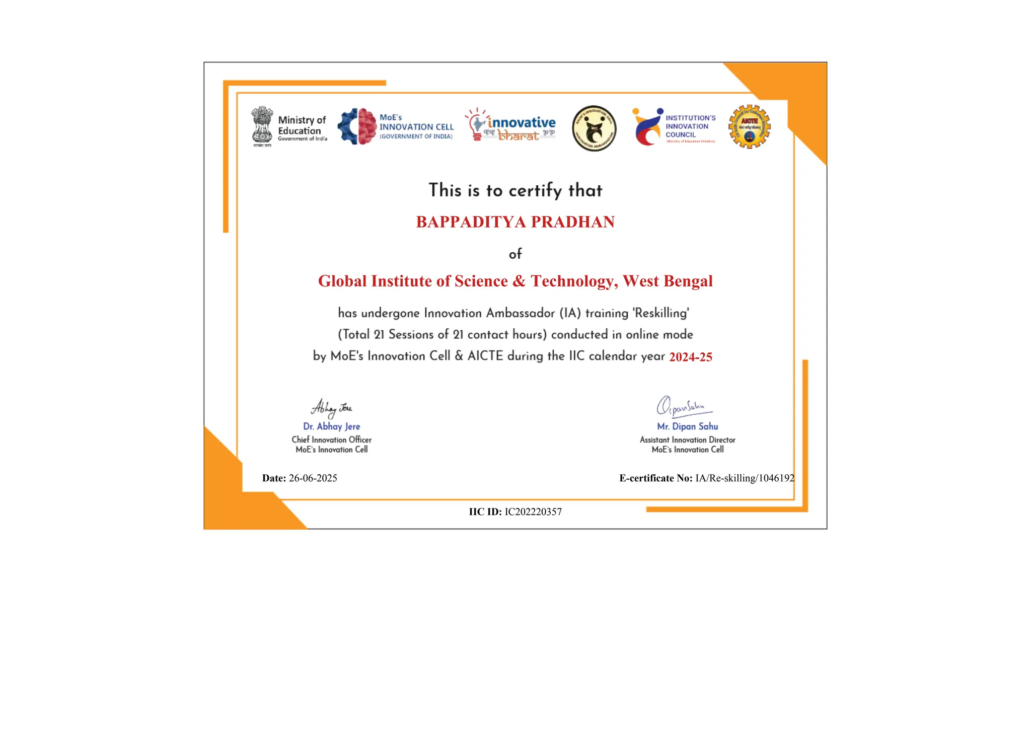 Ia training certificate of global institute of science and technology | PDF