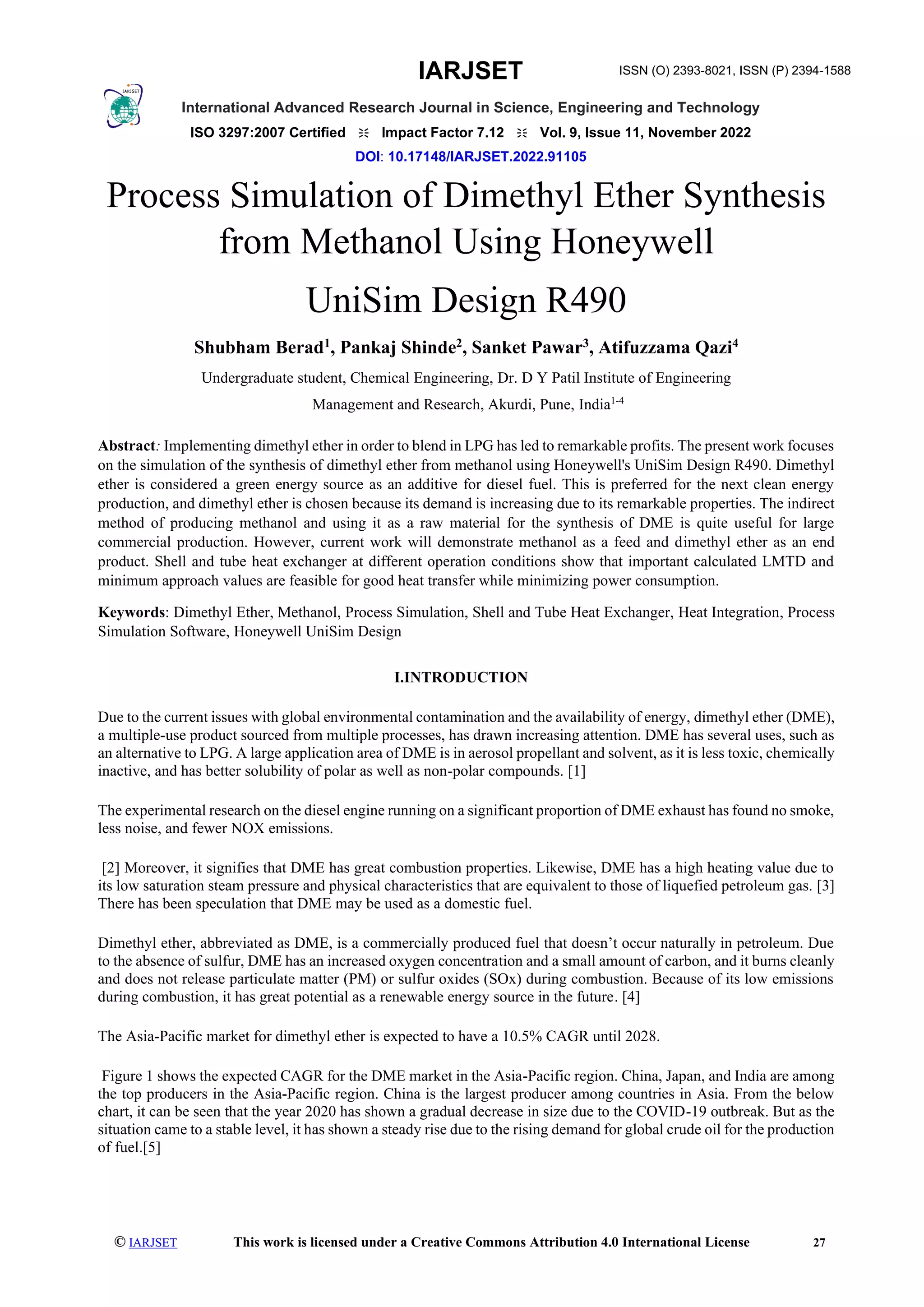 Process Simulation of Dimethyl Ether Synthesis from Methanol Using ...