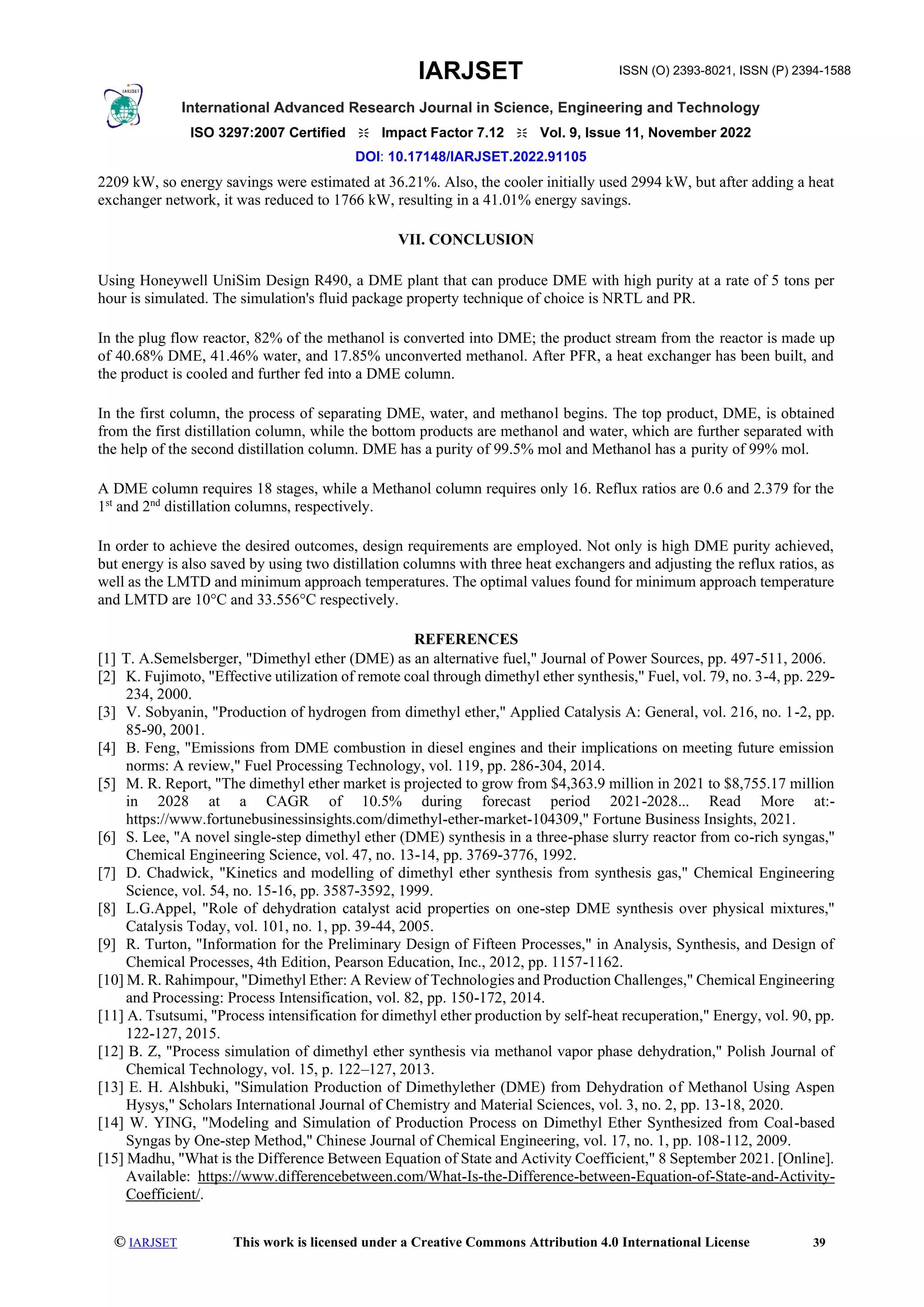 Process Simulation of Dimethyl Ether Synthesis from Methanol Using ...