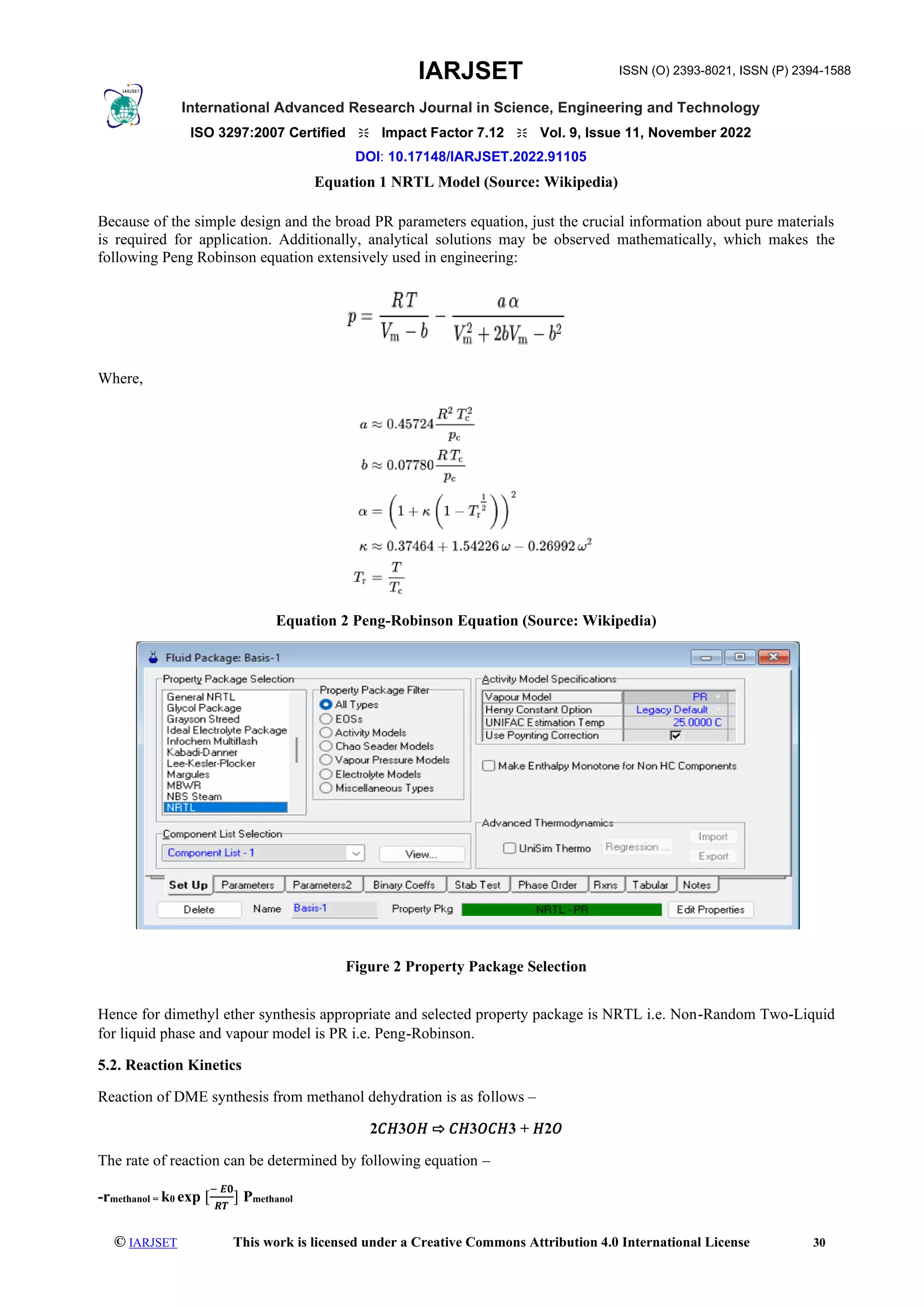 Process Simulation of Dimethyl Ether Synthesis from Methanol Using ...