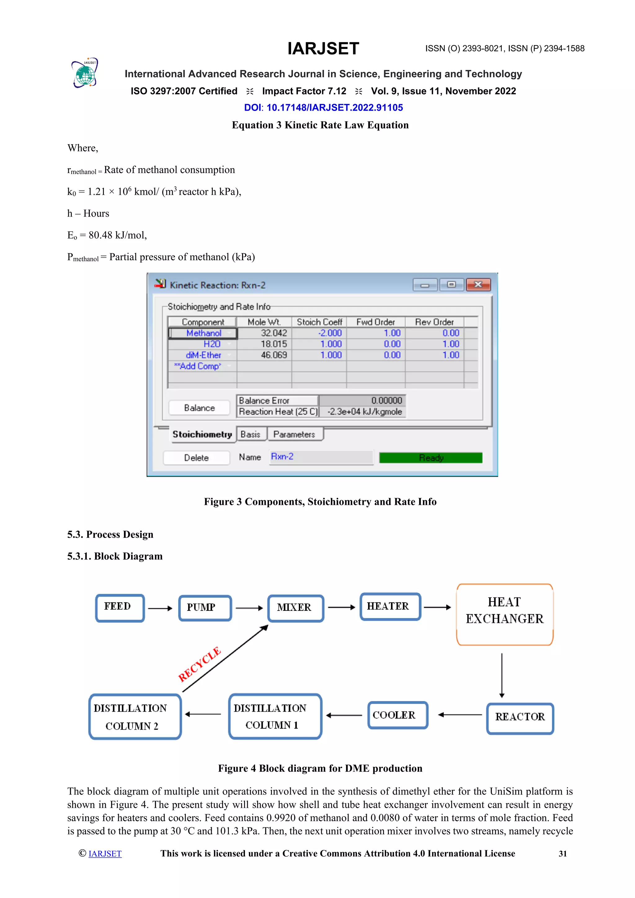 Process Simulation of Dimethyl Ether Synthesis from Methanol Using Honeywell UniSim Design R490 ...