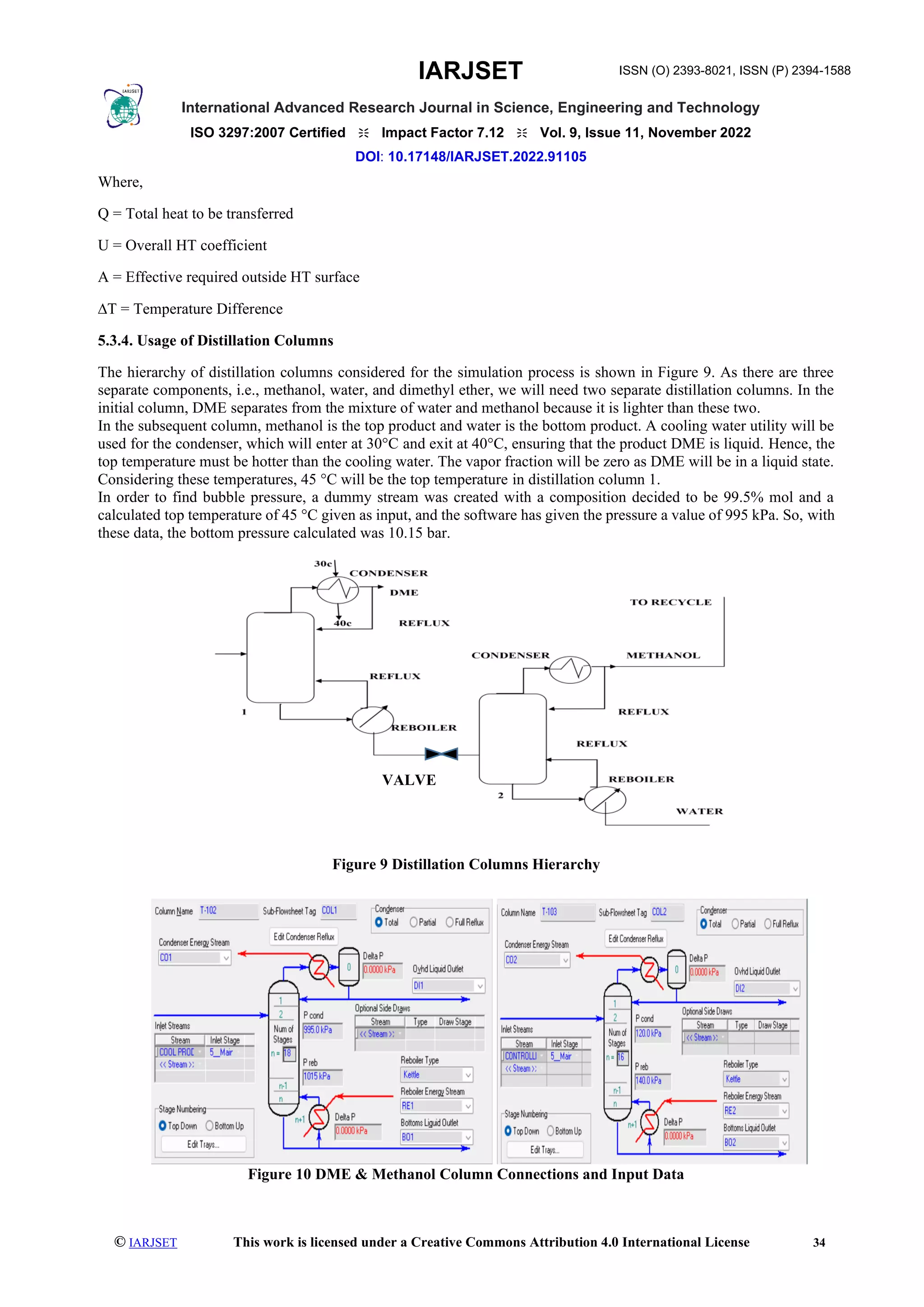 Process Simulation of Dimethyl Ether Synthesis from Methanol Using Honeywell UniSim Design R490 ...