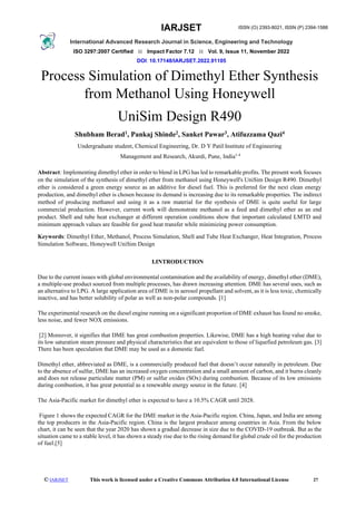 Process Simulation of Dimethyl Ether Synthesis from Methanol Using Honeywell UniSim Design R490 ...
