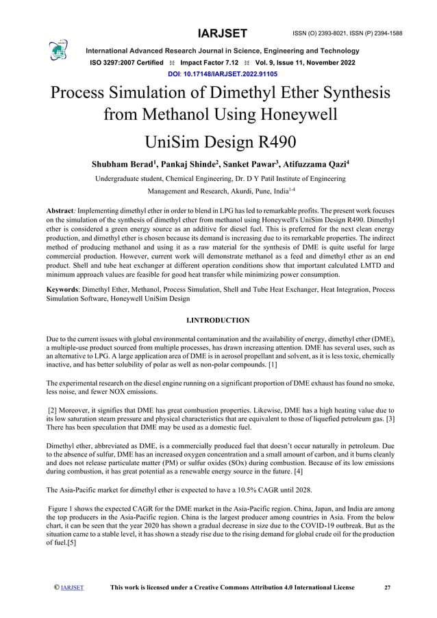 Process Simulation of Dimethyl Ether Synthesis from Methanol Using Honeywell UniSim Design R490 ...