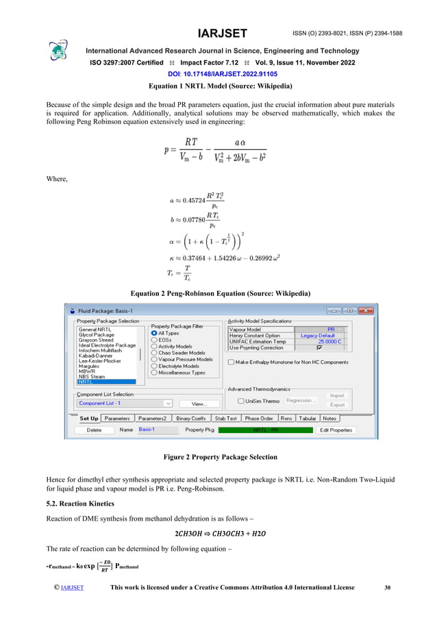 Process Simulation of Dimethyl Ether Synthesis from Methanol Using Honeywell UniSim Design R490 ...