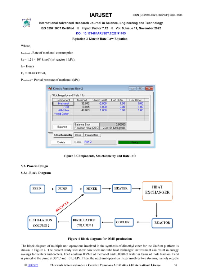 Process Simulation of Dimethyl Ether Synthesis from Methanol Using Honeywell UniSim Design R490 ...