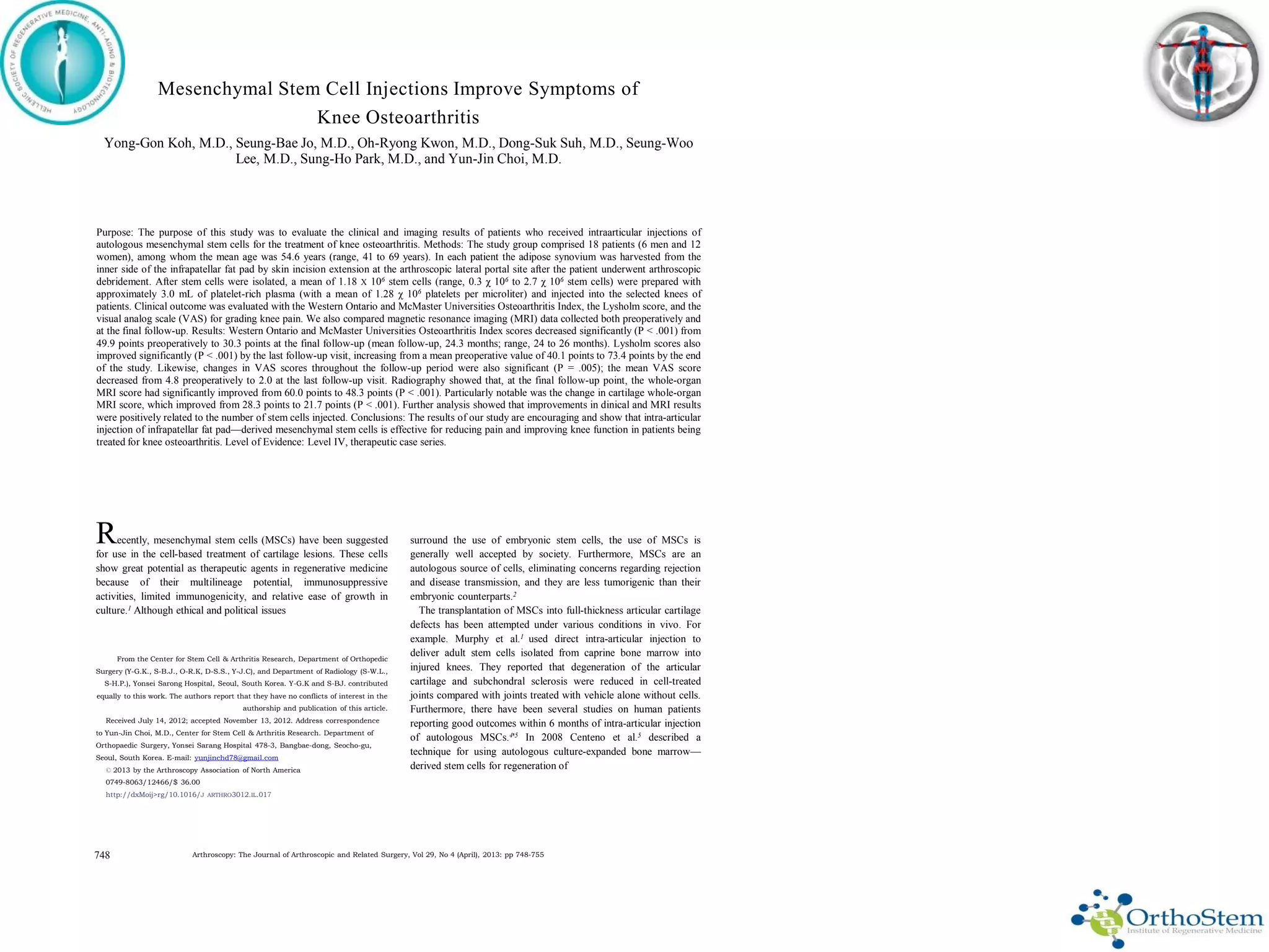 Adult Stem cells in Orthopaedics | PDF