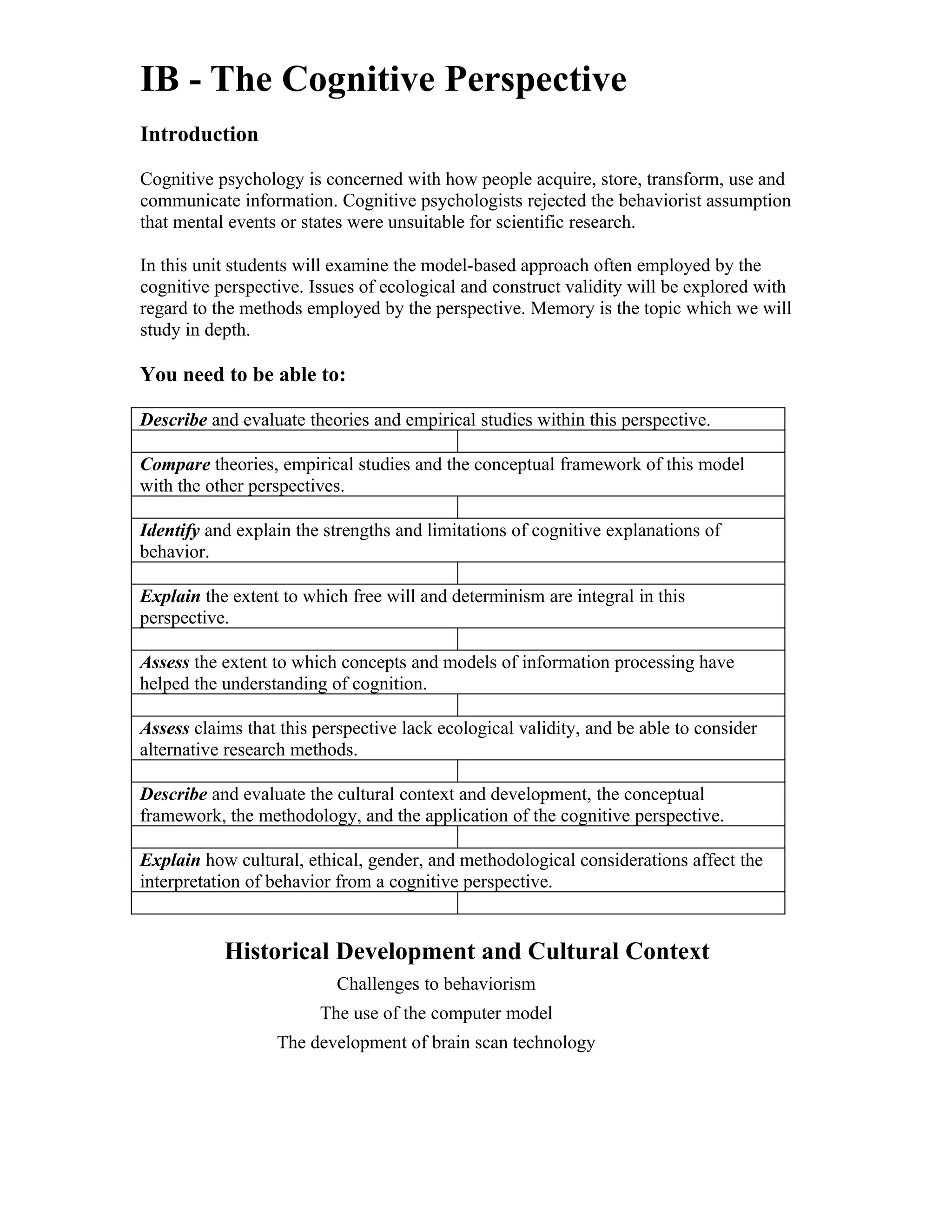 IB Cognitive Perspective Review | DOC