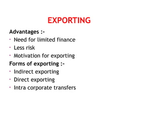 IB-UNIT-II. models of entering into international business | PPTX