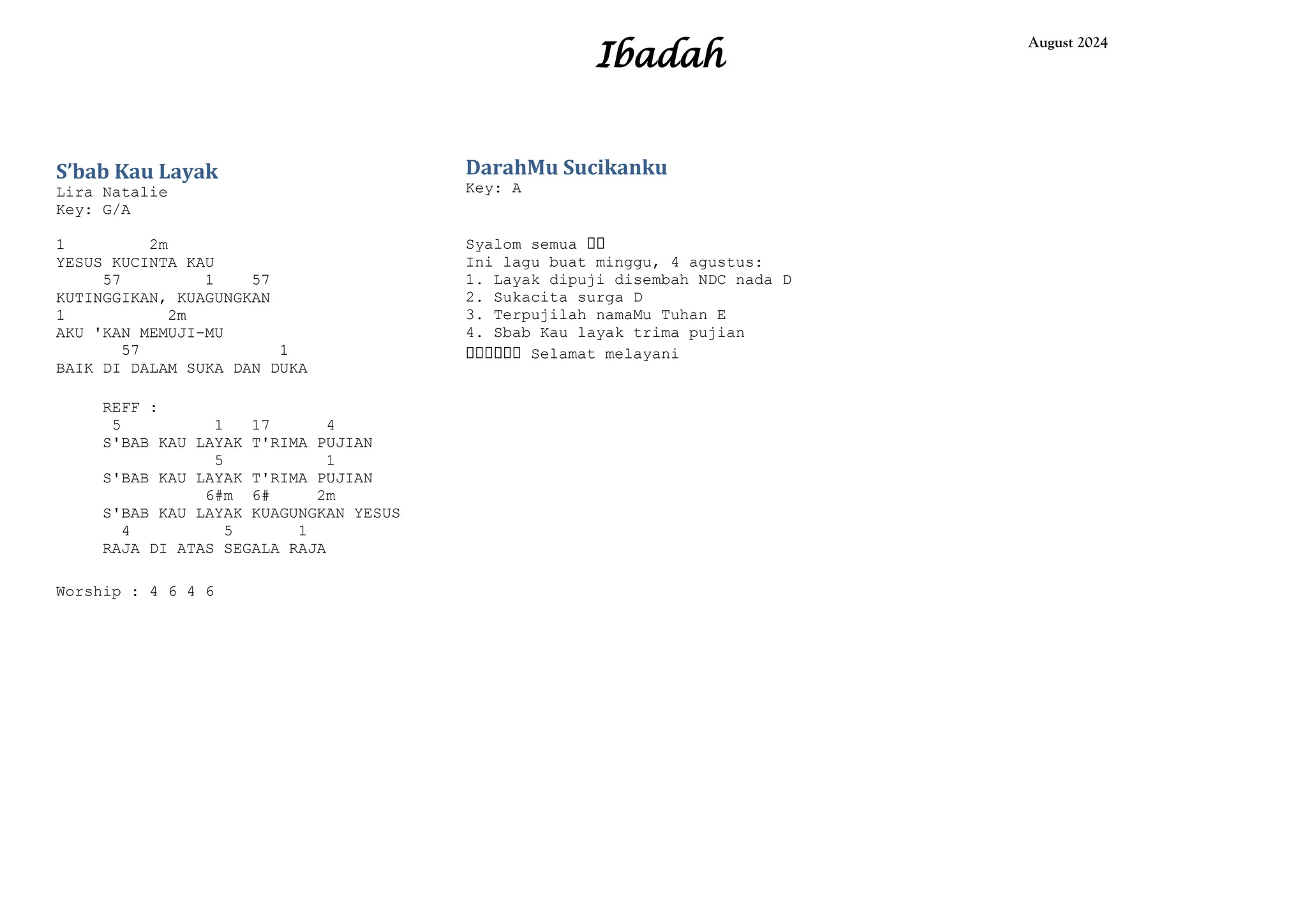 Lagu-Lagu untuk Ibadah 4 August 2024.docx