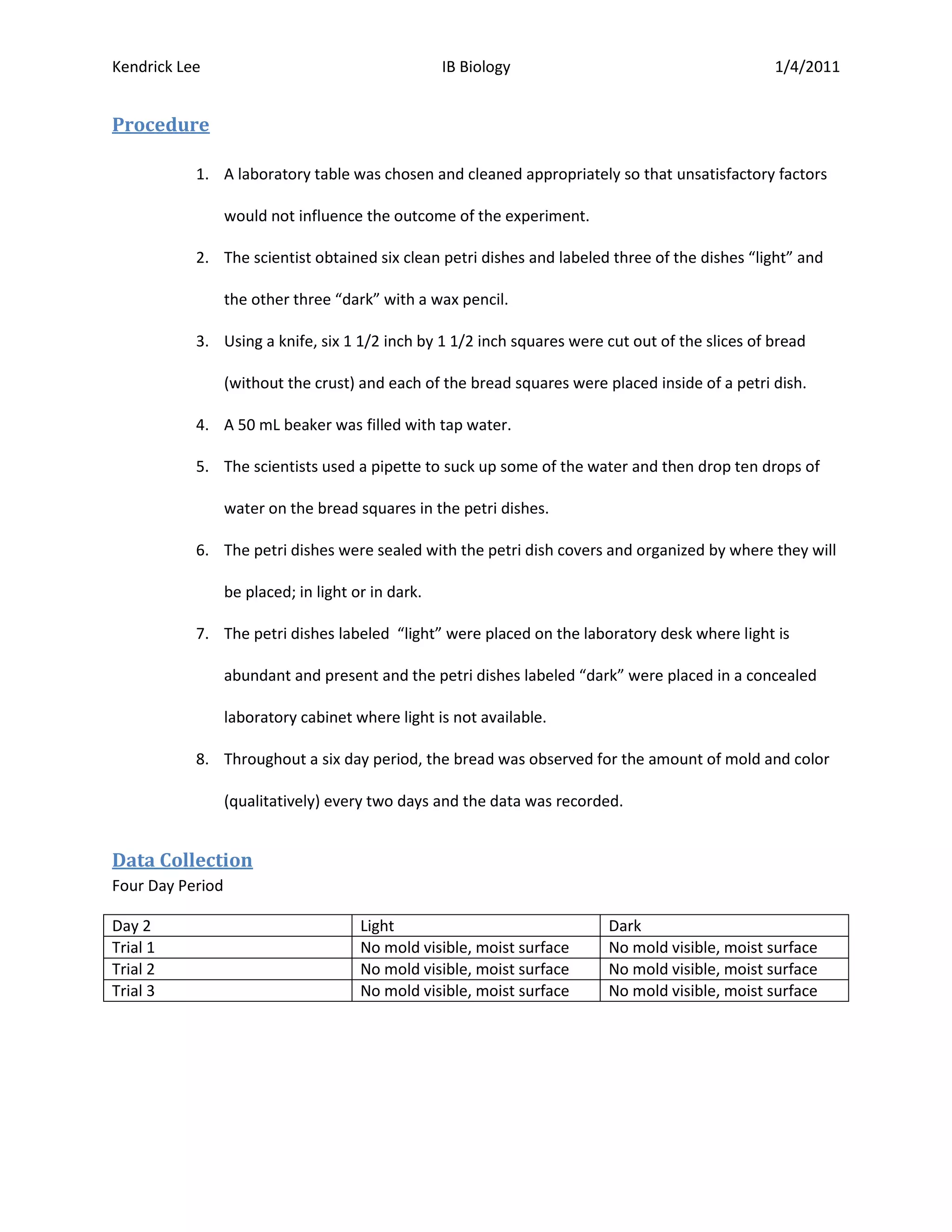 Ib biology bread mold lab lee | DOCX