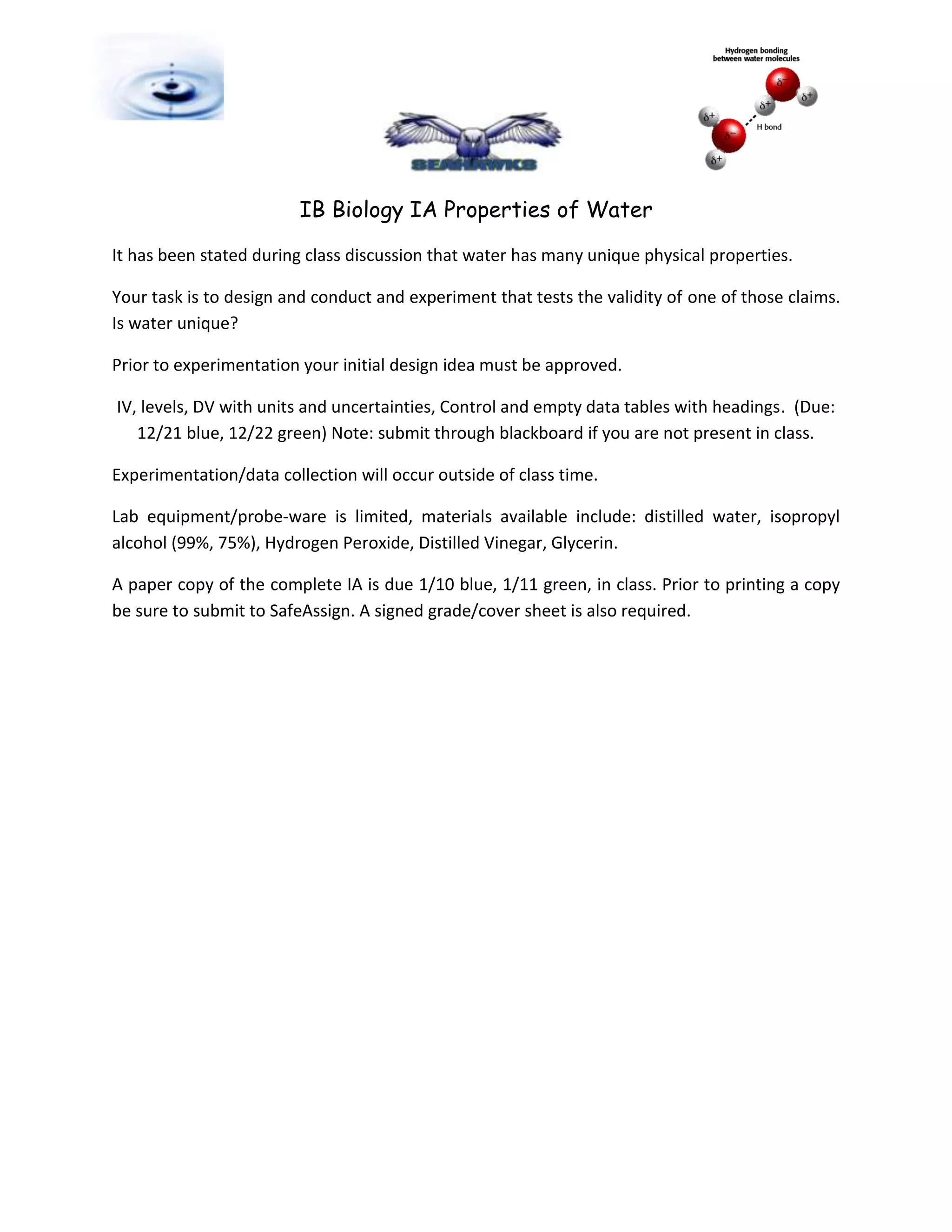 Ib biology ia properties of water | DOCX