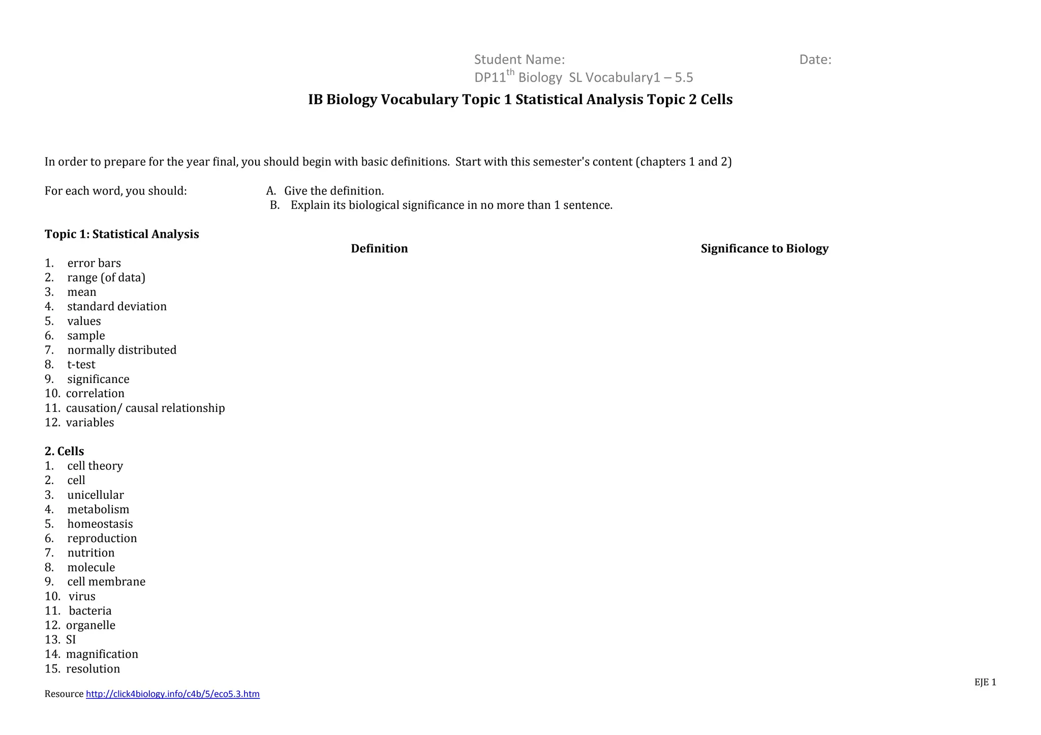 Ib biology vocabulary topic cells 10 dp eje | PPT