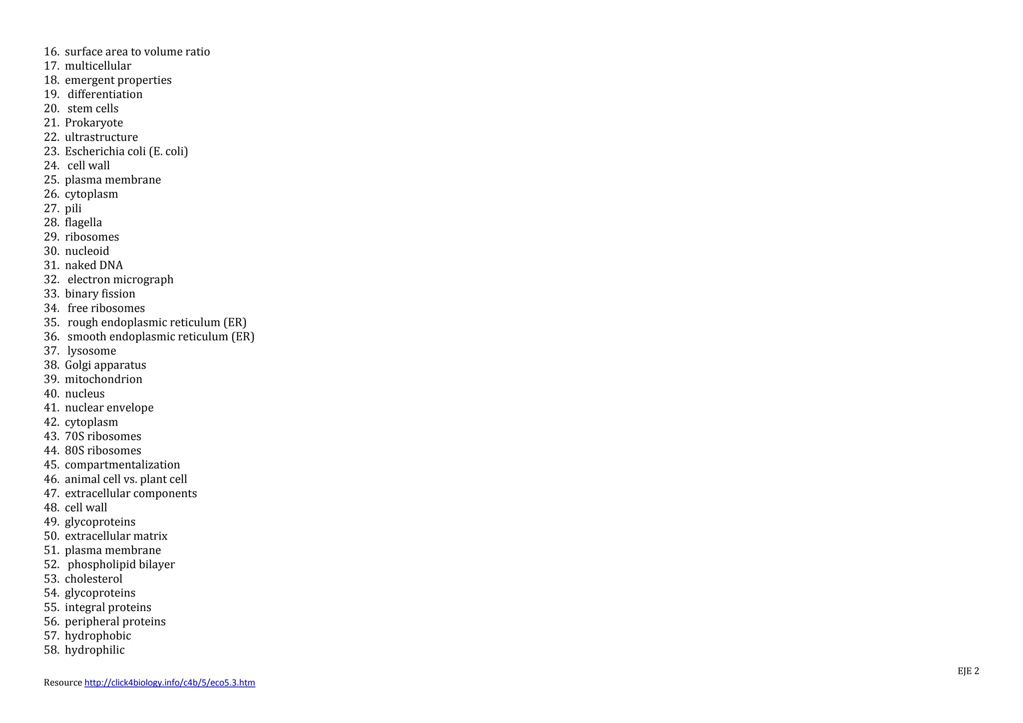 Ib biology vocabulary topic cells 10 dp eje | DOCX