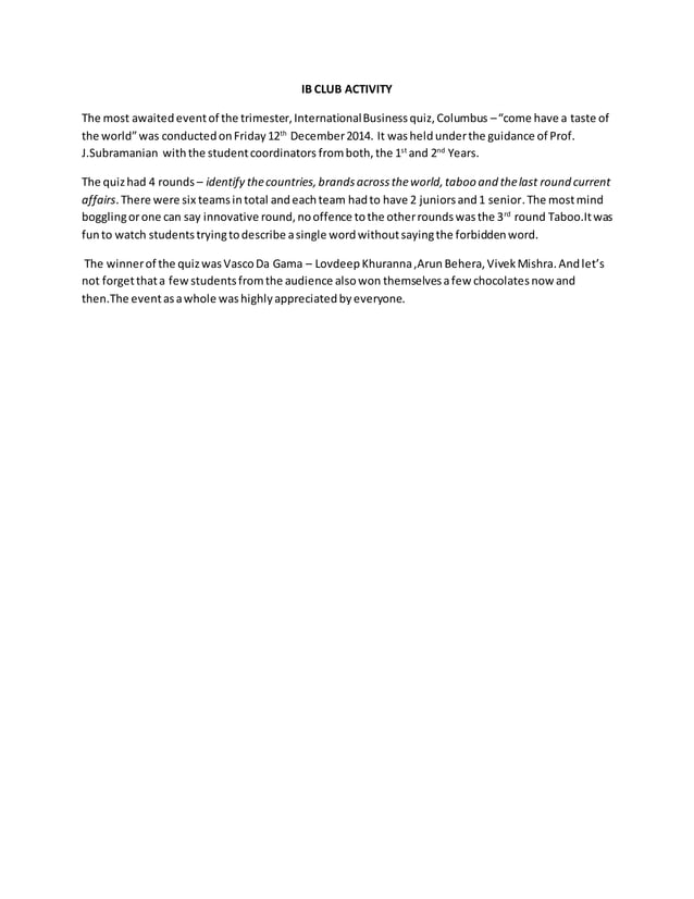 Ib club activities | DOCX