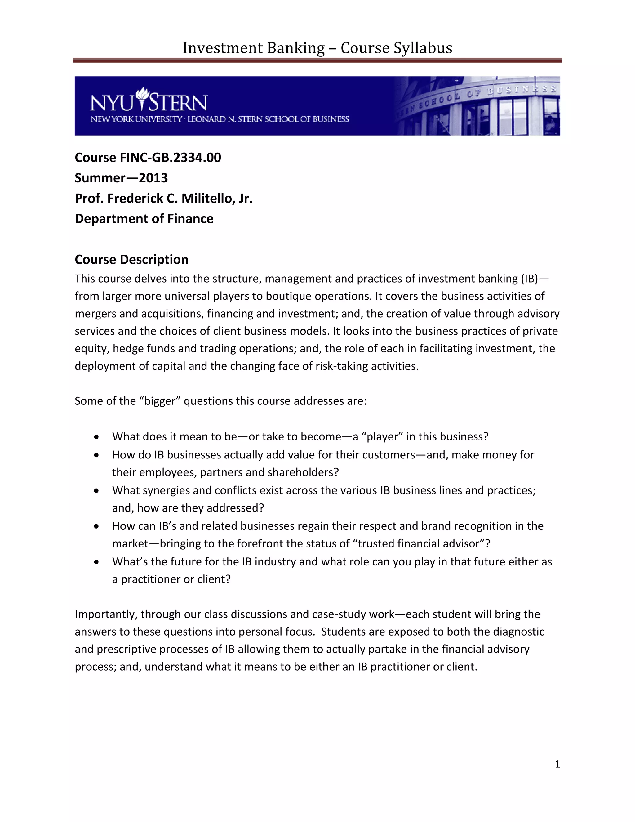 Investment Banking course syllabus nyu summer 2013pdf | PDF