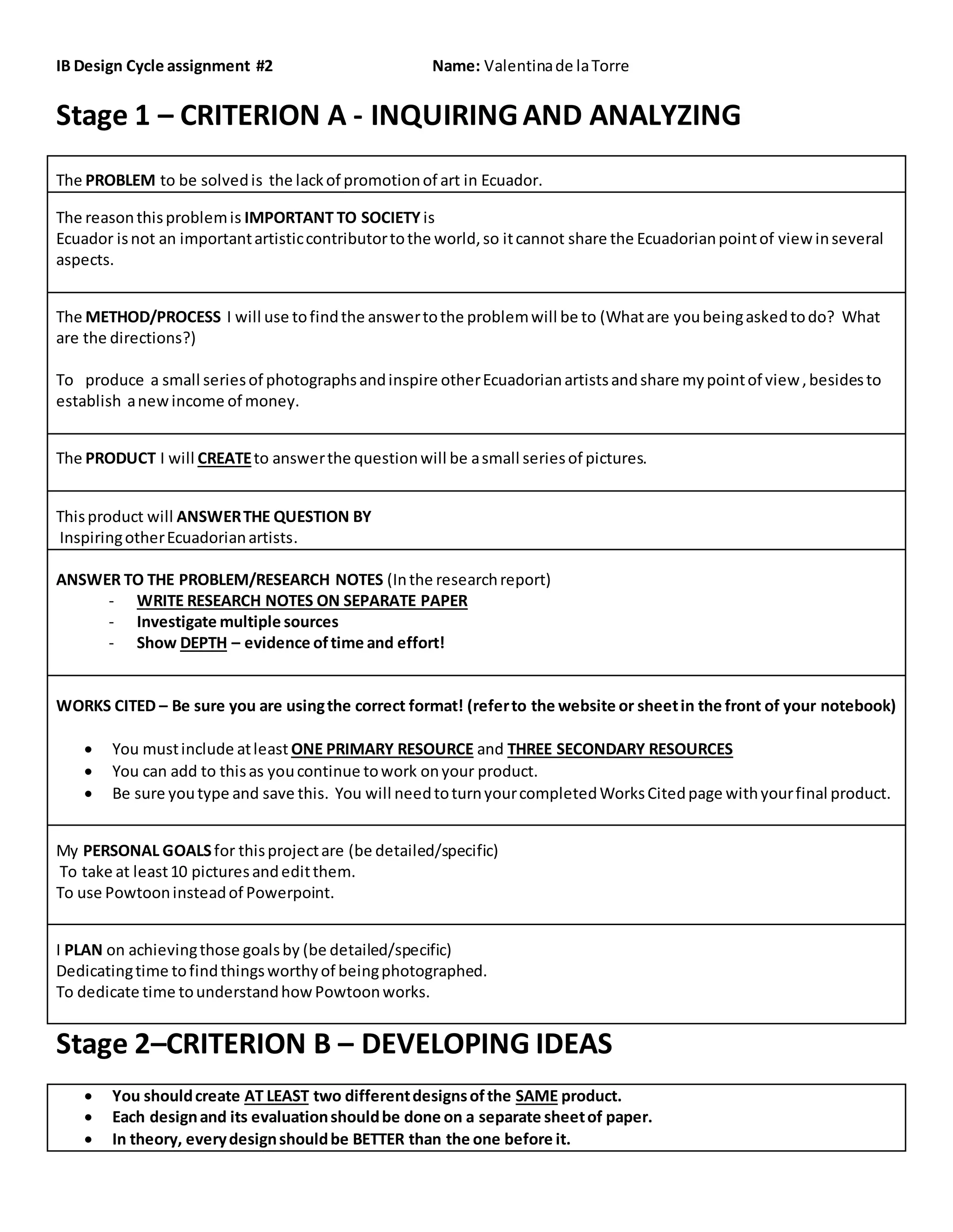 Ib design cycle journal outline | DOCX