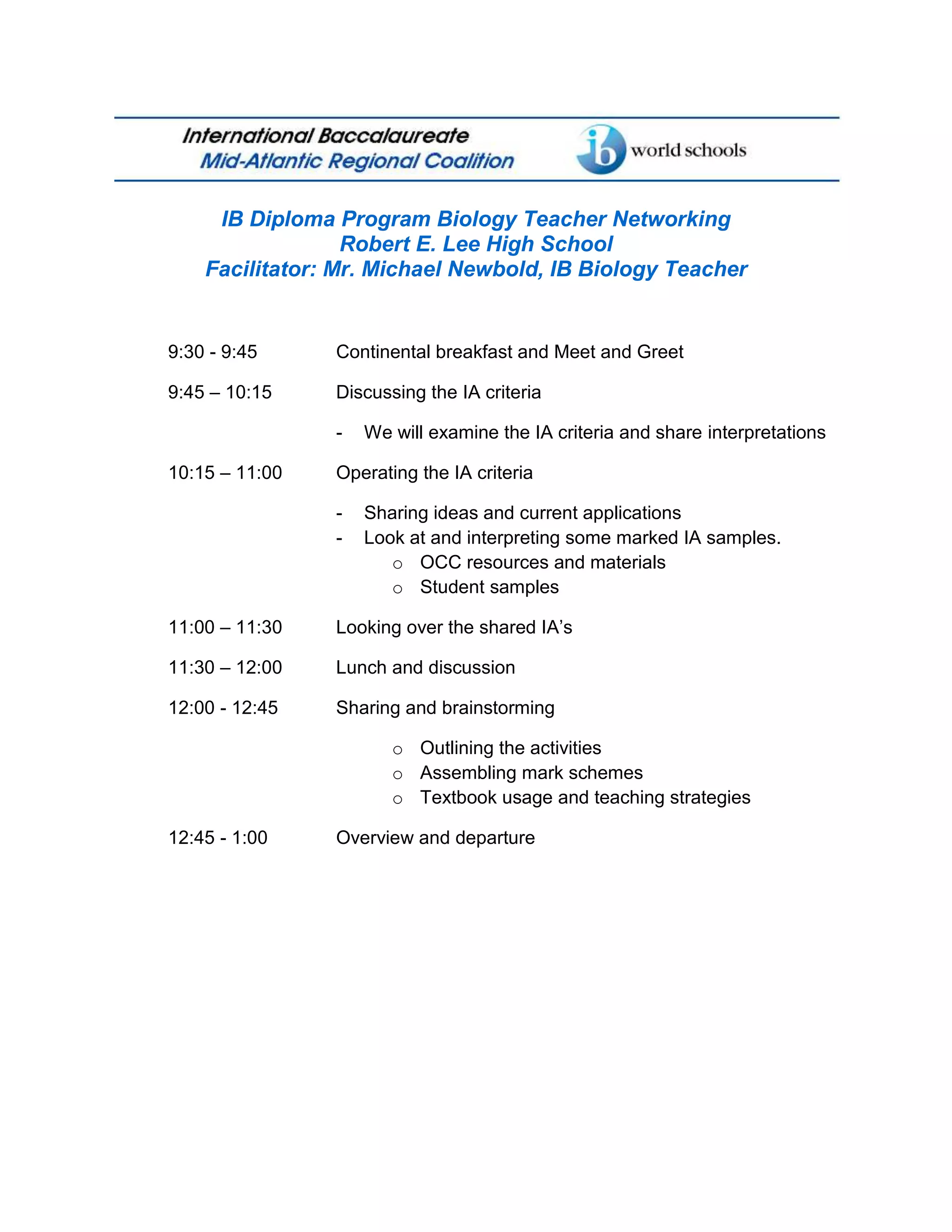 Ib diploma program biology teacher networking agenda | DOCX