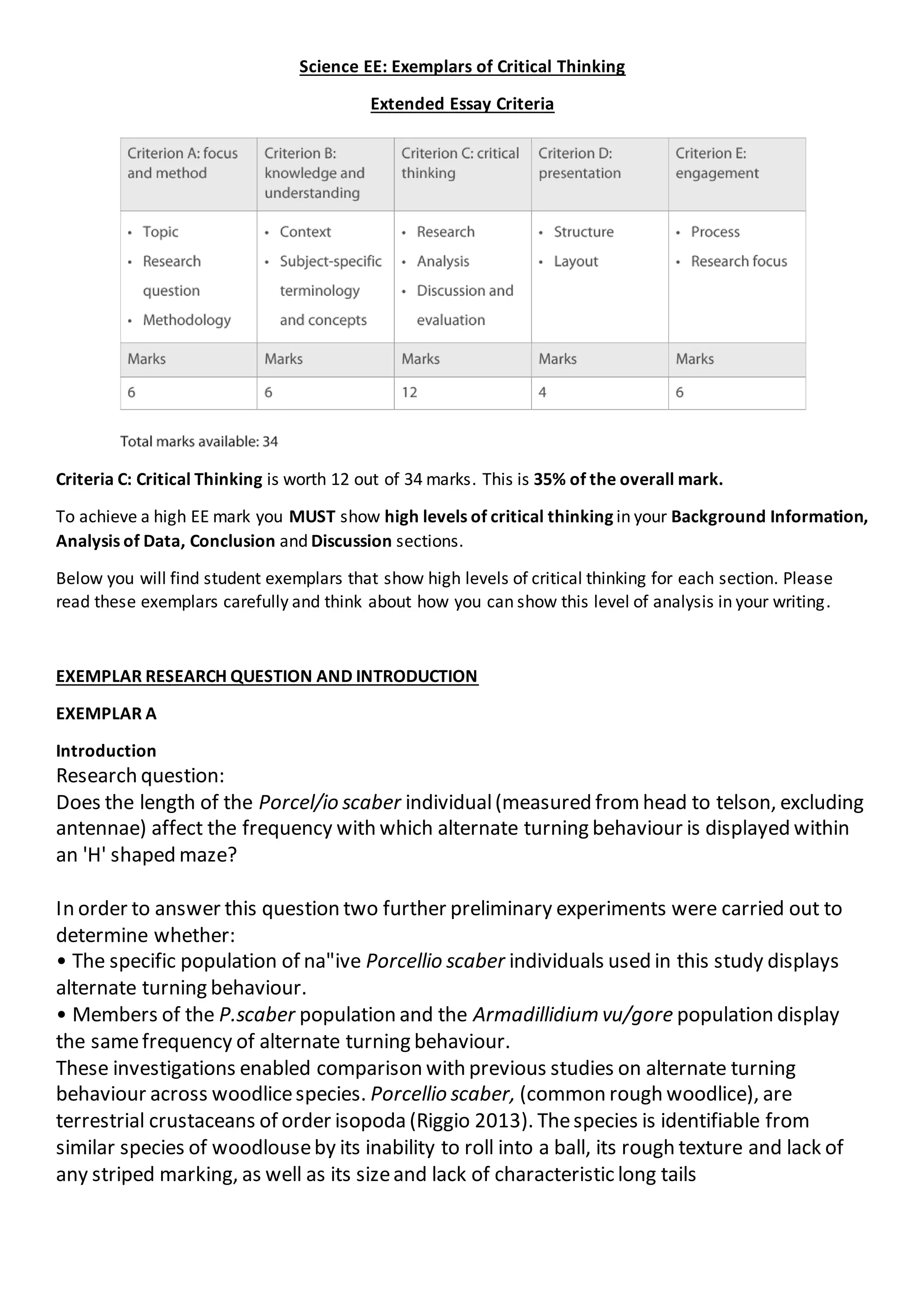 IBDP Science Extended Essay Exemplars of Critical Thinking | DOCX