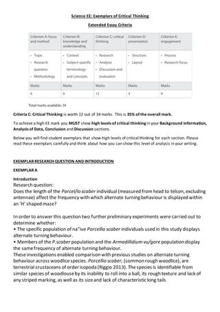 IBDP Science Extended Essay Exemplars of Critical Thinking | PDF