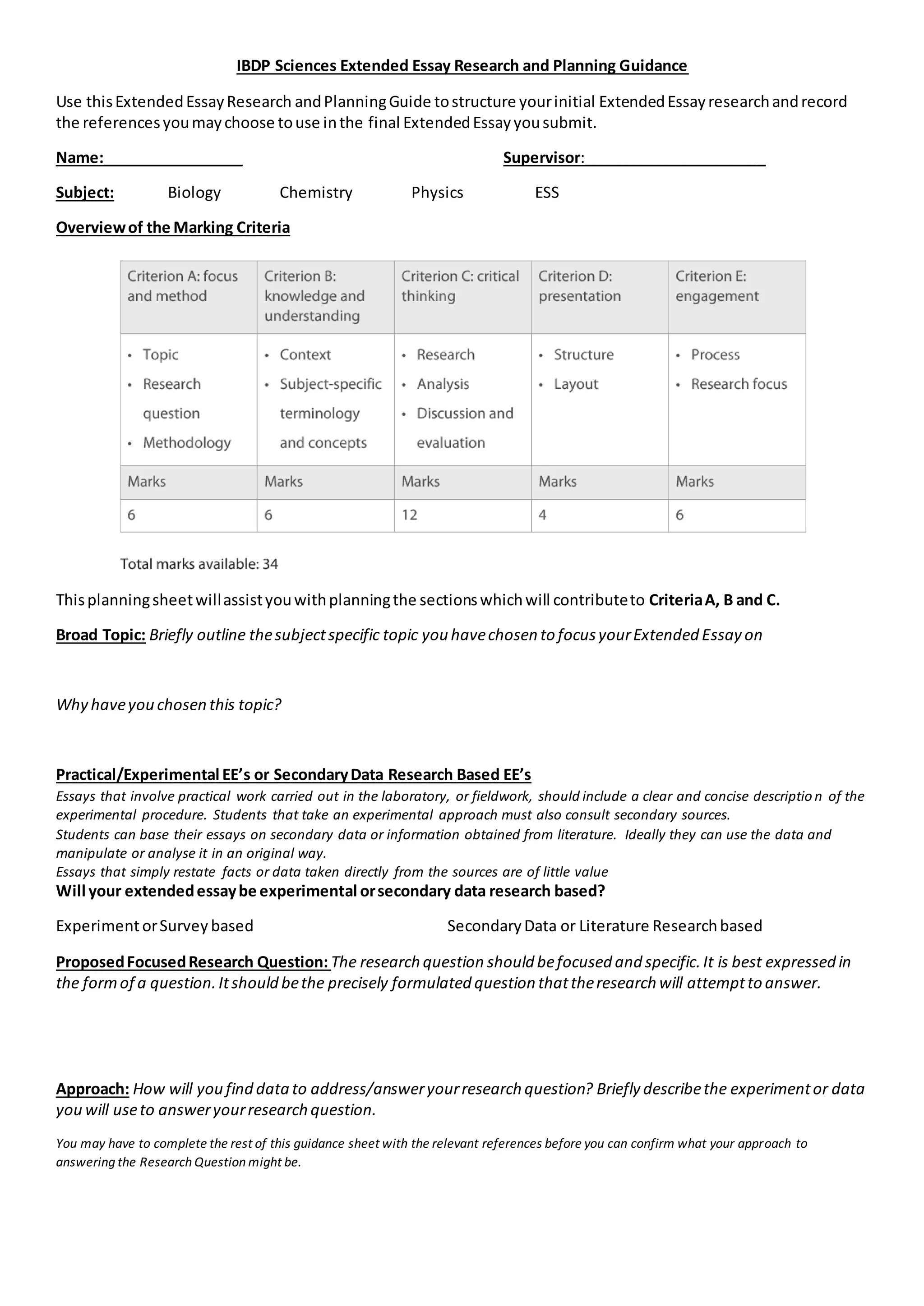 IBDP Sciences Extended Essay Research and Planning Guidance | DOCX