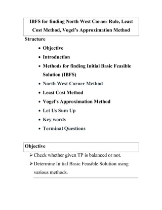 Determine Initial Basic Feasible Solution using various methods | PDF