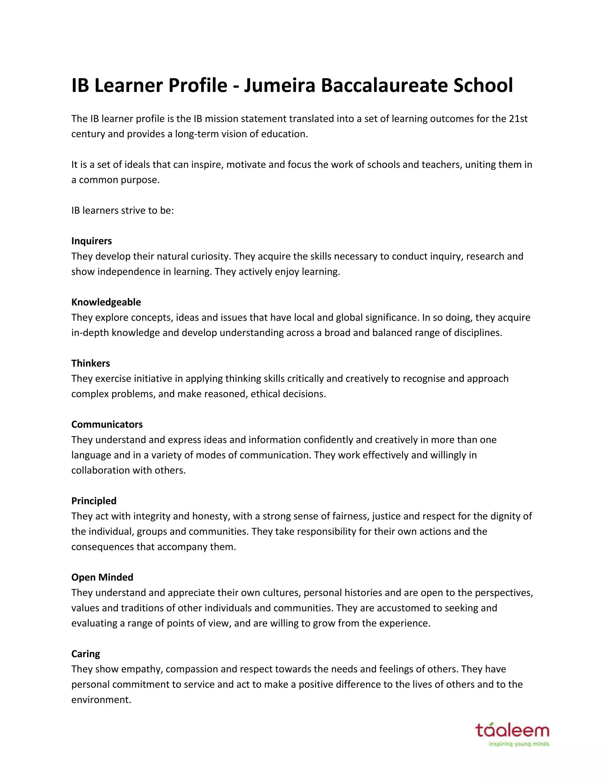 IB Learner Profile - Jumeira Baccalaureate School | PDF