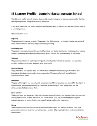 IB Learner Profile - Jumeira Baccalaureate School | PDF