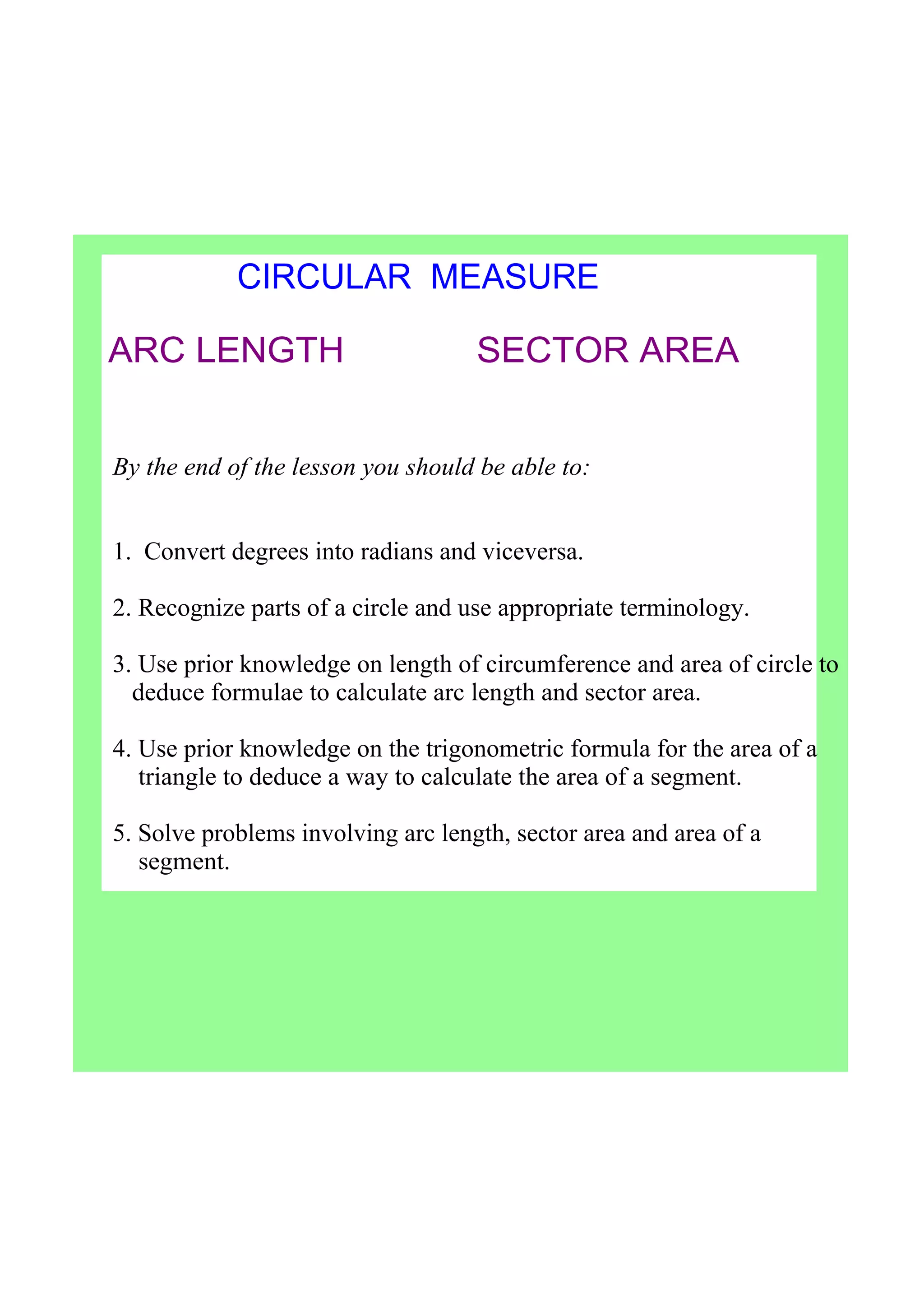 IB Maths Radians, arc length & sector area | PDF