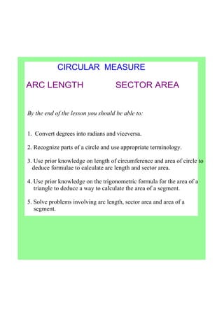 IB Maths Radians, arc length & sector area | PDF