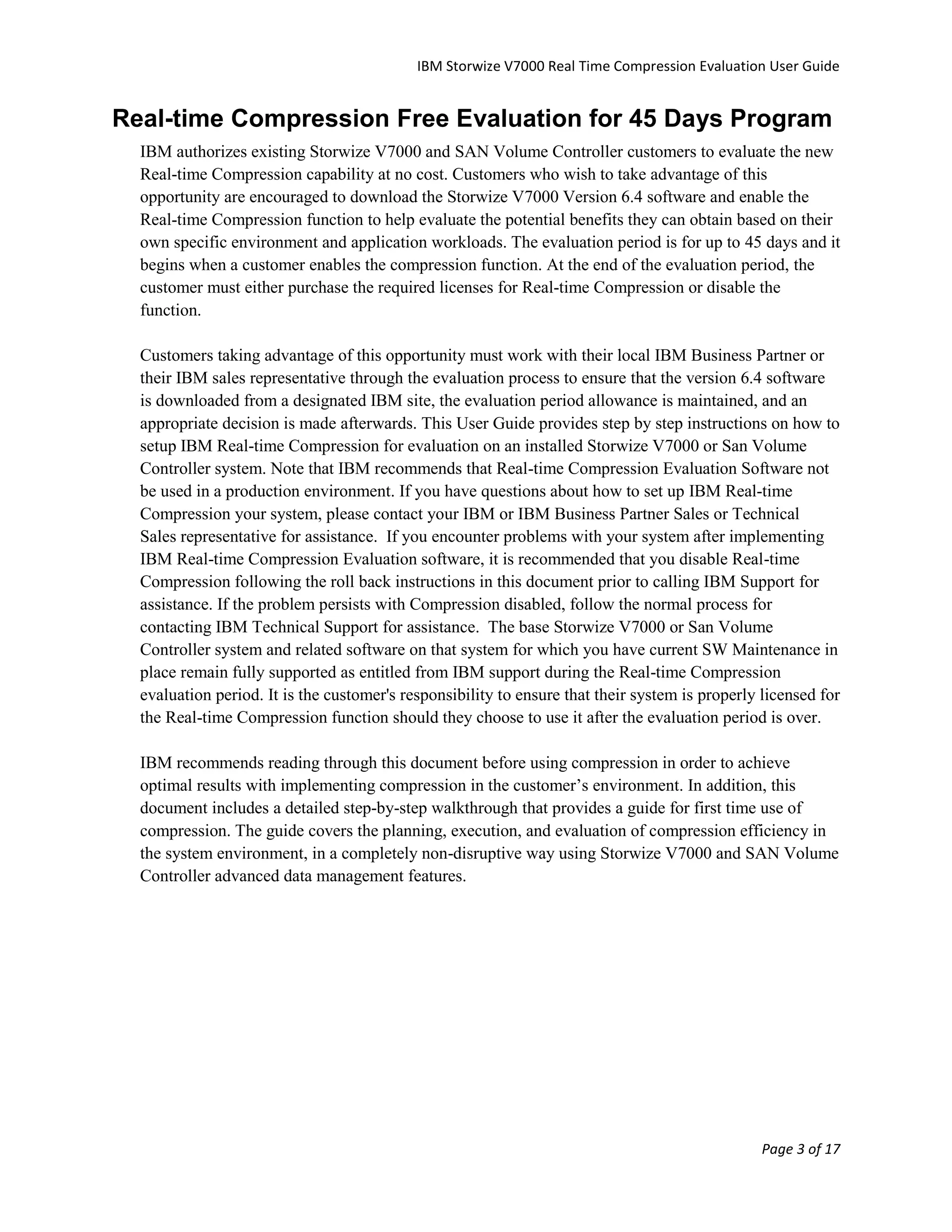 Ibm Real Time Compression Evaluation User Guide For Ibm Storwize V7000 And San Volume Controller