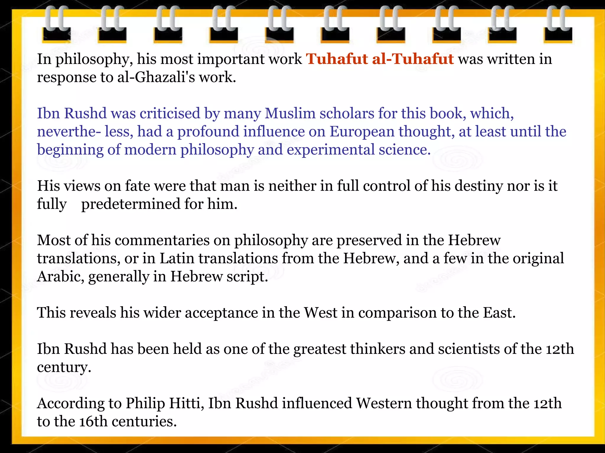 Ibn Rushd Averroism (12th century Spanish Muslim Philosopher) | PPT