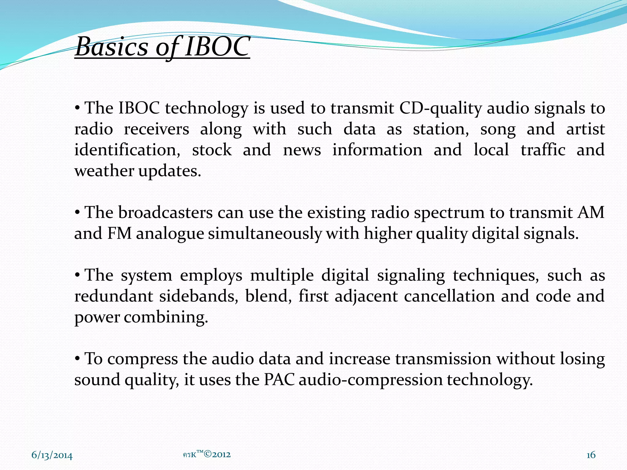IBOC (In Band On Channel) Technology for DIgital Radio. | PPTX