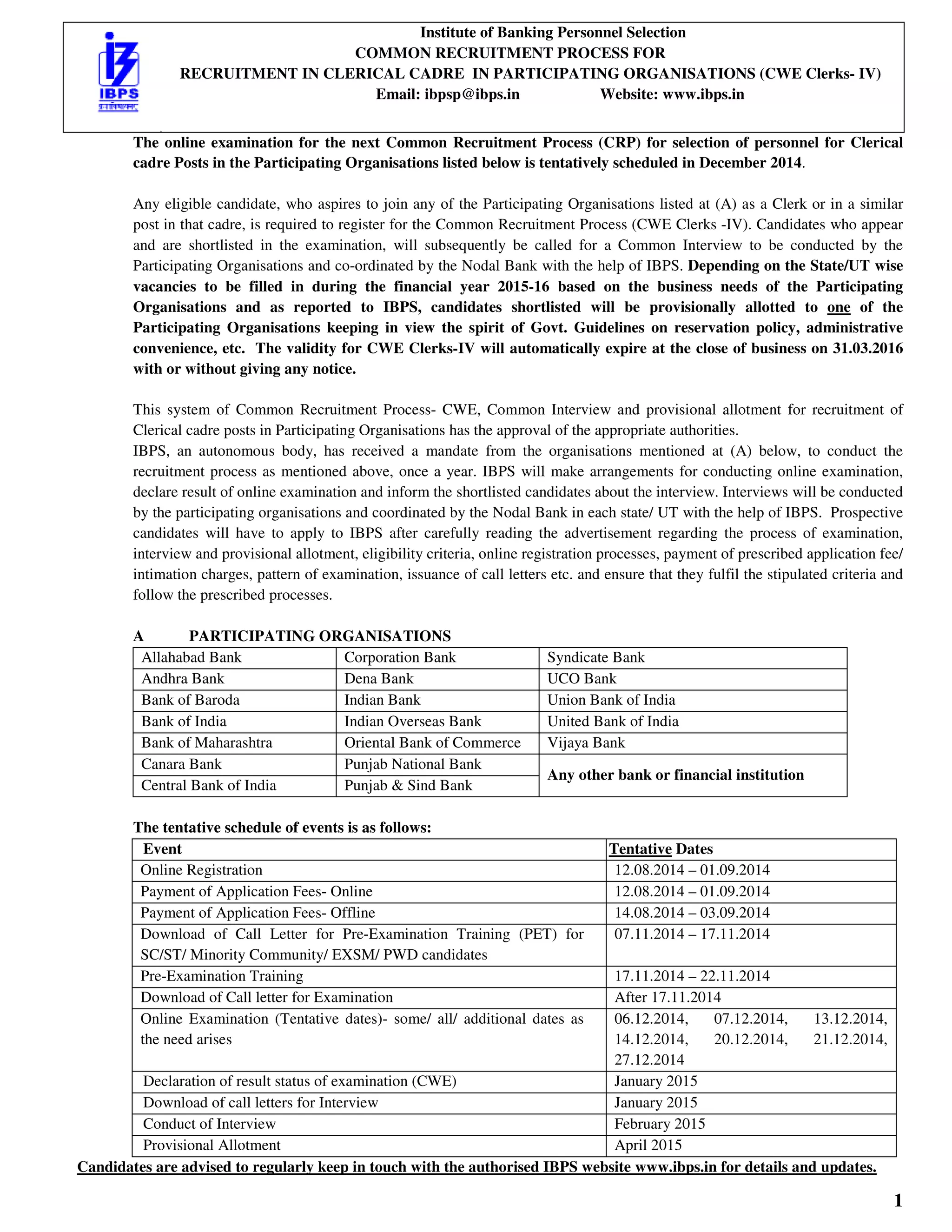 IBPS Clerk 2014 Notification - sarkari naukri login | PDF