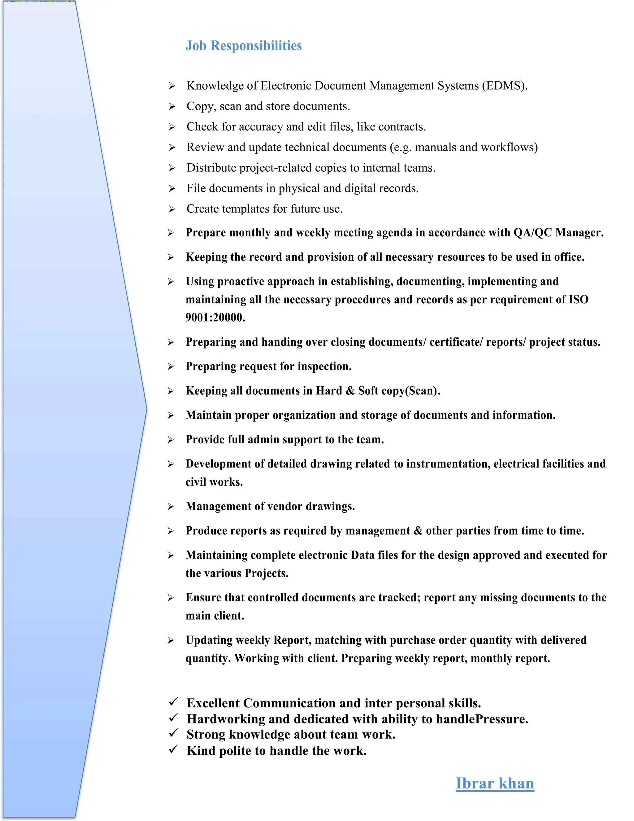Name: Ibrar Khan Position: Document Controller | PDF