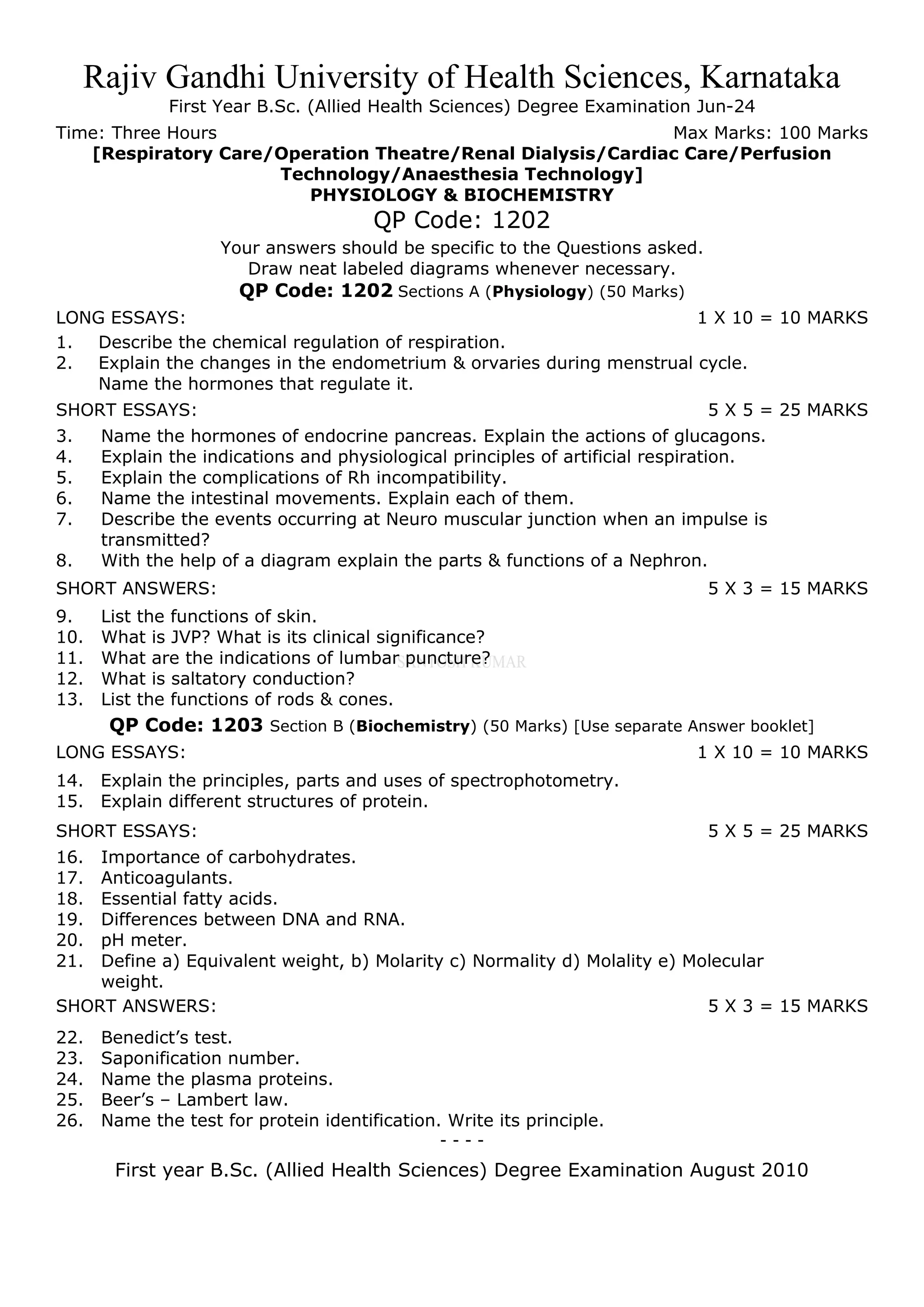 I year BSc AHS and MLT Biochemistry RGUHS Previous Question papers RS4 ...