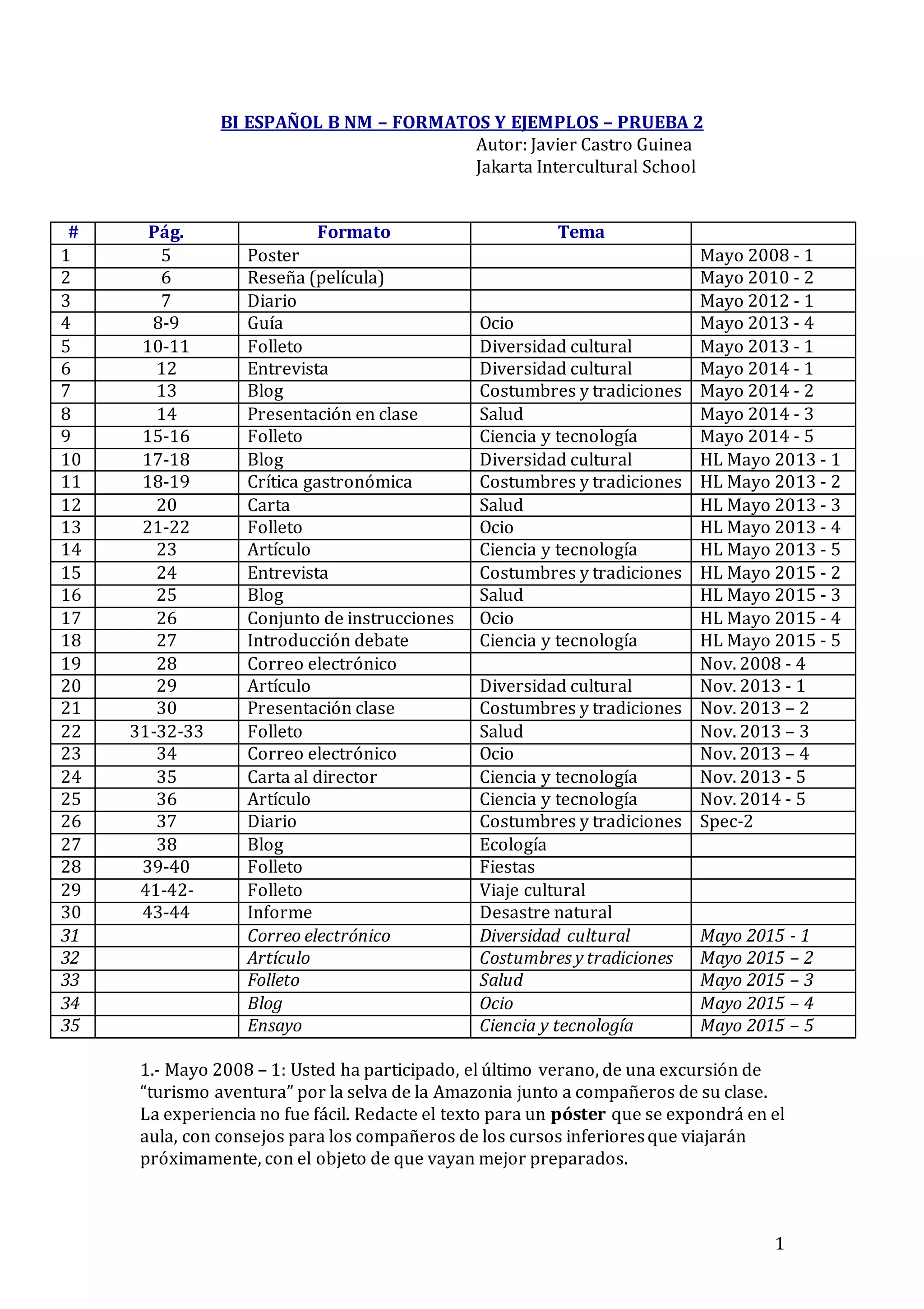 IB Spanish B SL - Ejemplos Prueba 2 | DOCX