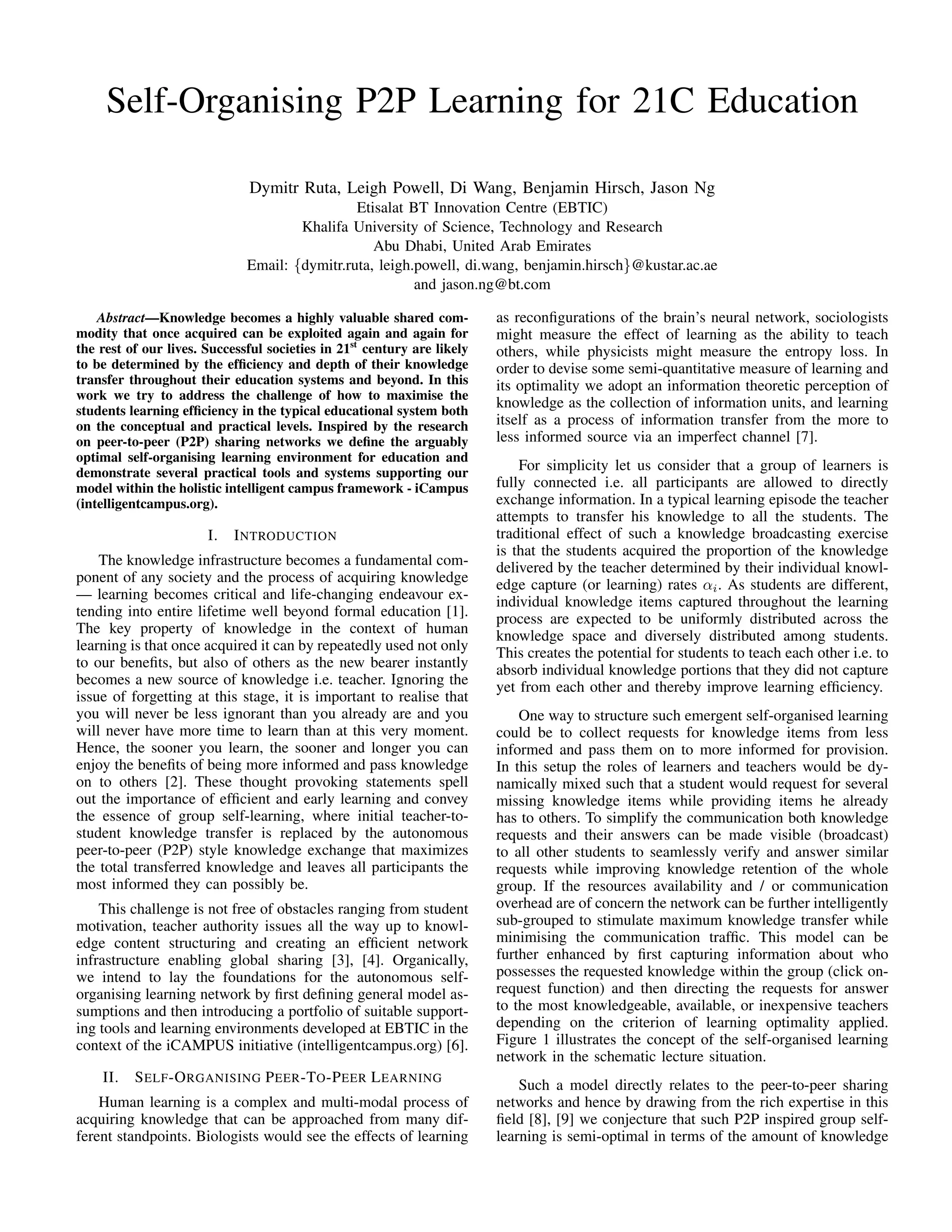 Self-Organising P2P Learning for 21C Education | PDF